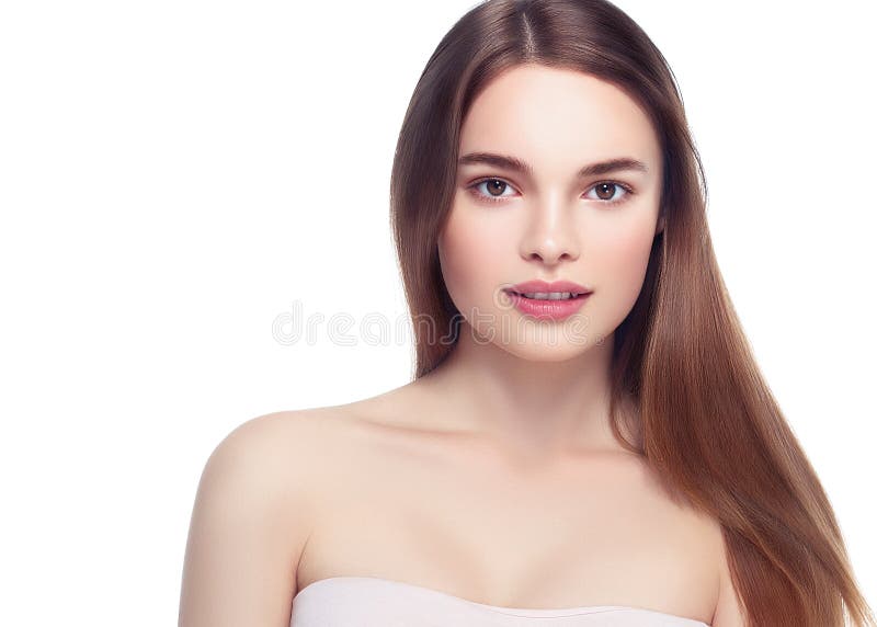 Beautiful Brunette Woman Portrait With Healthy Hair Clear Fresh Stock