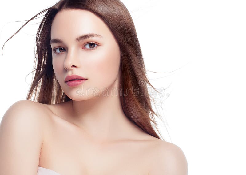 Beautiful Brunette Woman Portrait With Healthy Hair Clear Fresh Stock