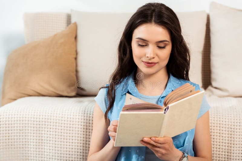 Beautiful Brunette Woman Reading Book at Stock Image - Image of ...