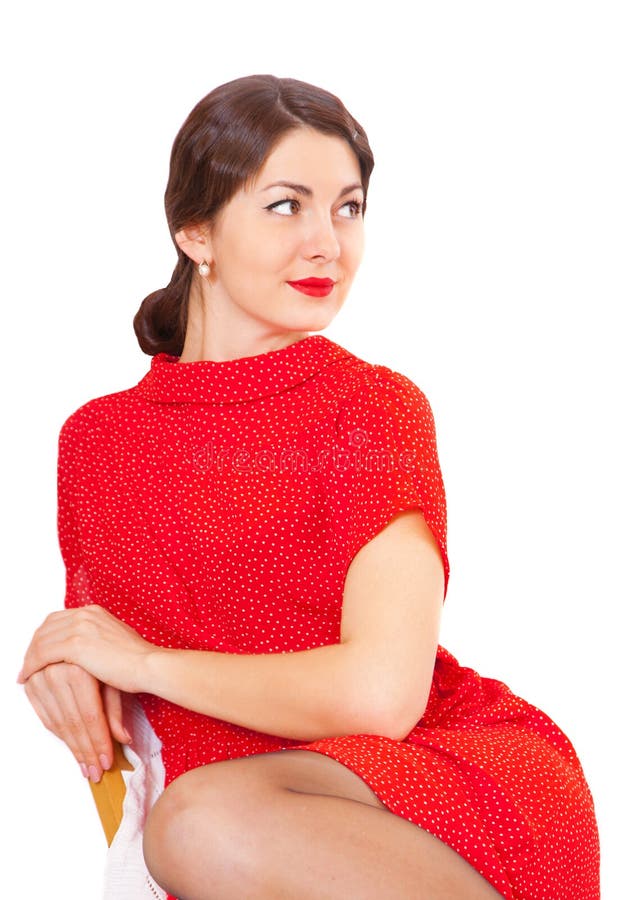 Beautiful Brunette Woman with Red Lips and Dress Stock Image - Image of ...