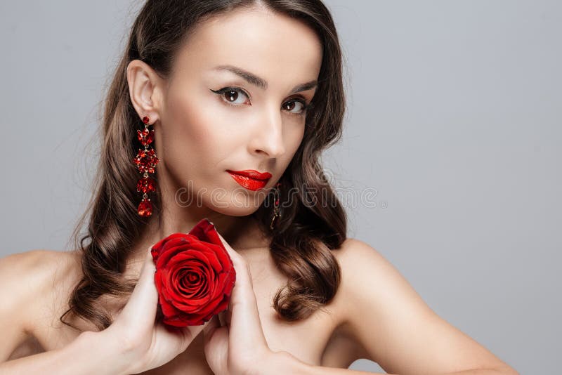 Beautiful Brunette Woman With Red Lipstick On Lips Close Up Girl With