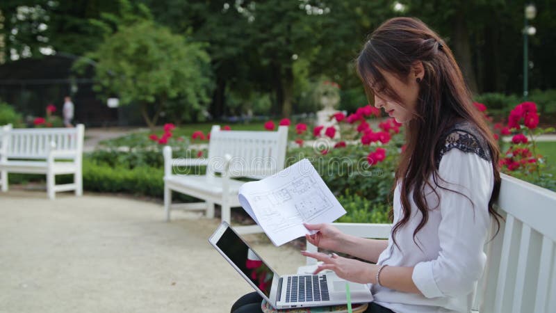 Lady Sitting in the Park, Using Laptop. Data Entry Stock Image - Image ...