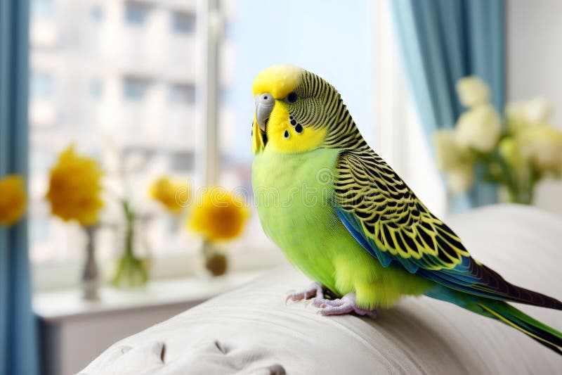 Beautiful Budgerigar on Bed in Room. Pet Parrot Stock Illustration ...