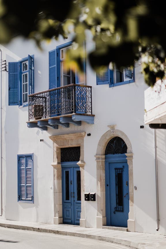 Beautiful Building with Blue Doors and Windows in Larnaca, Cyprus Stock ...
