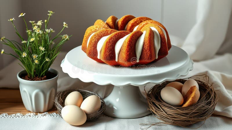 Beautiful Bundt Cake Displayed on a White Cake Stand with Fresh Eggs ...