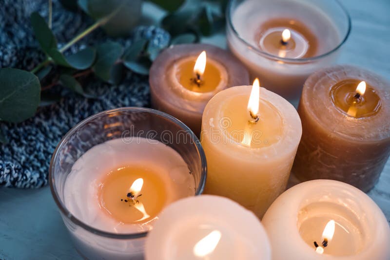 Beautiful Burning Candles on Wooden Table Stock Image - Image of ...