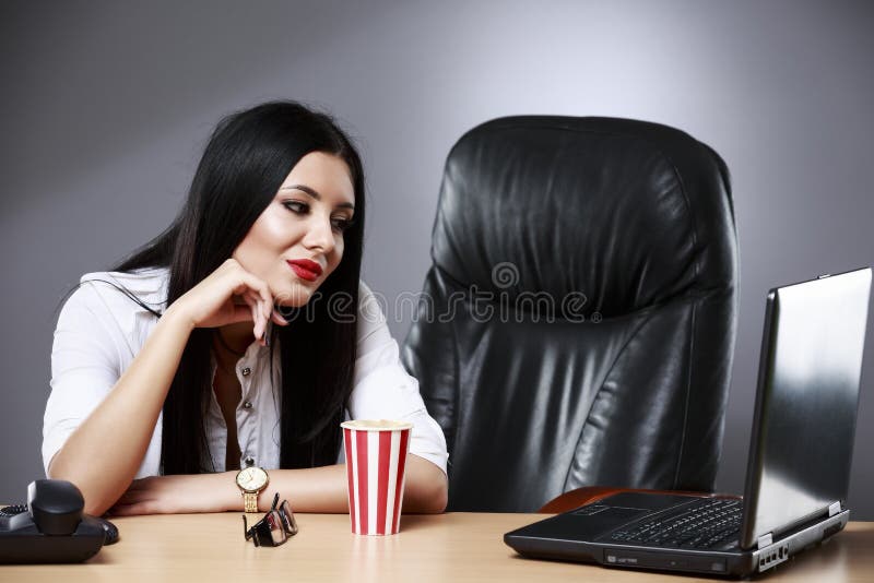 Beautiful Business Woman Dreaming while Working on Computer at H Stock ...