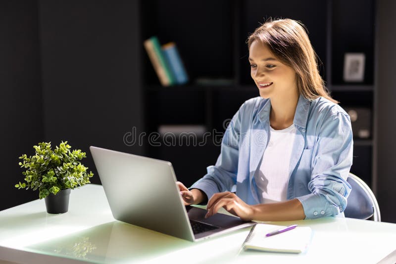 Beautiful Business Woman Sit Indoors in Office Using Laptop Computer ...