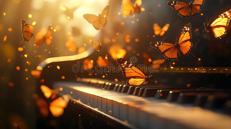 Beautiful Butterflies Fluttering Around a Piano in Soft Light Stock ...