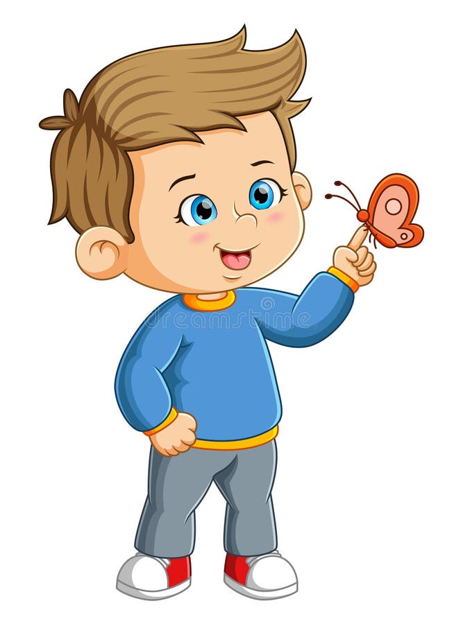 The Beautiful Butterfly is Perching on the Finger`s Boy Stock Vector ...