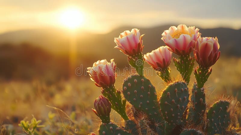 Beautiful Cactus Blooming in a Desert Landscape at Sunset Stock Photo ...