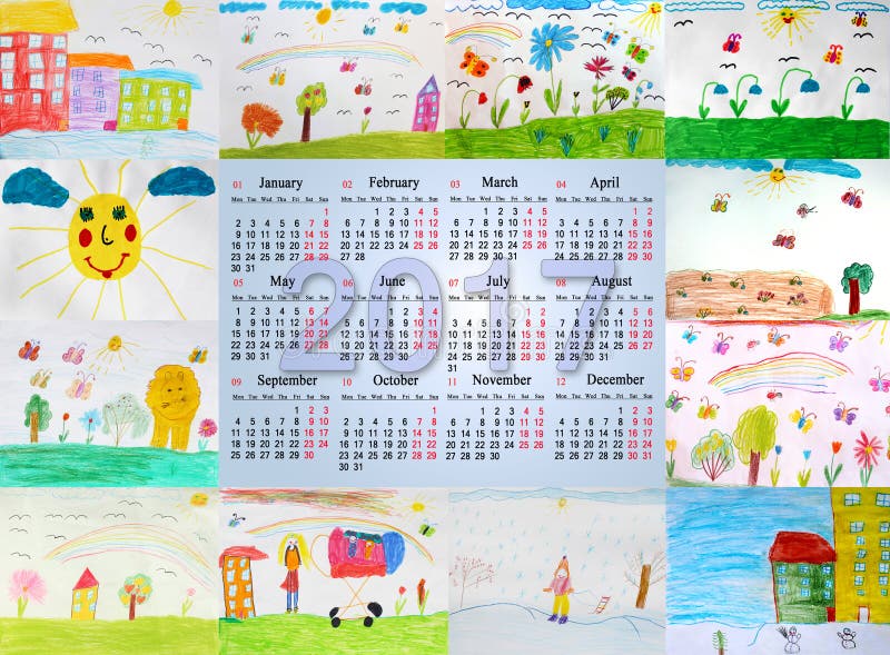 Beautiful Calendar for 2017 with Children S Drawings Stock Illustration ...