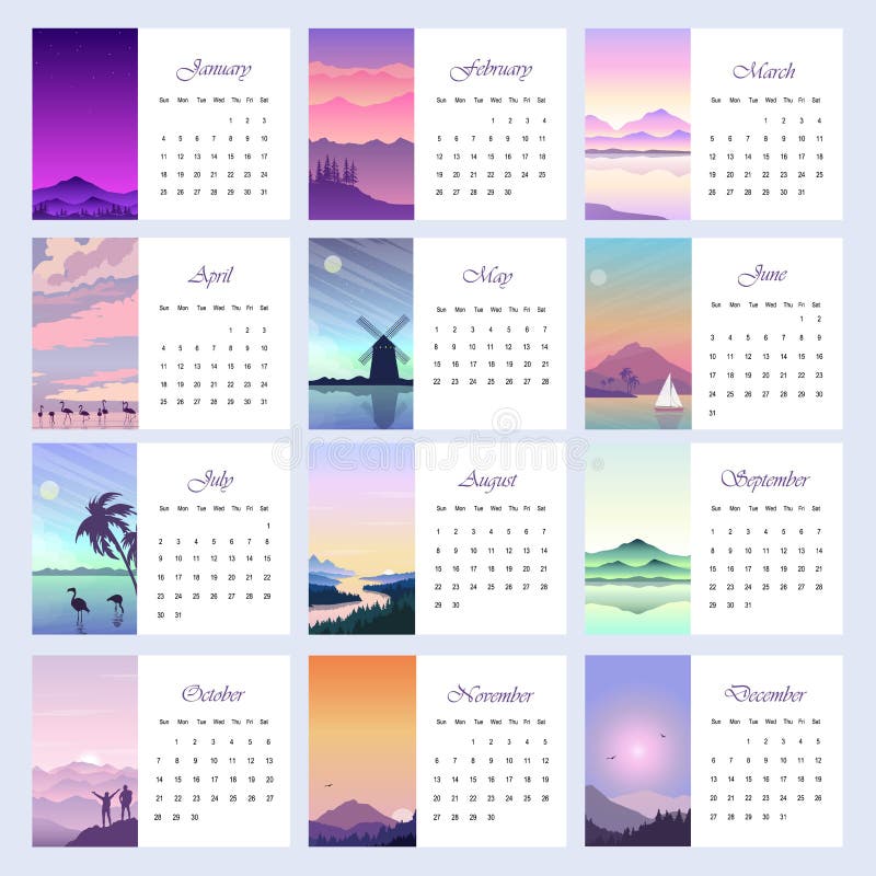 Beautiful Calendar with Cute Girls and Natural Landscape.Set Vector ...