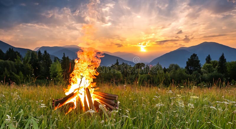 Beautiful Campfire in the Middle of a Sunset Meadow in High Resolution ...