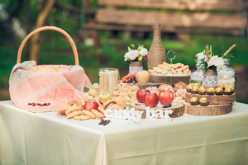 Beautiful Candy Bar with Delicious Sweets Made in Rustic Country Style ...