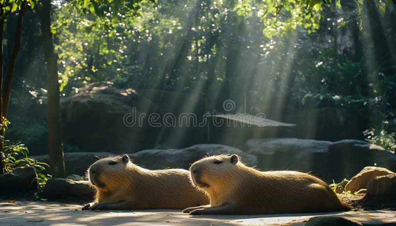 Beautiful Capybaras Resting Outdoors on Sunny Day Stock Image - Image ...