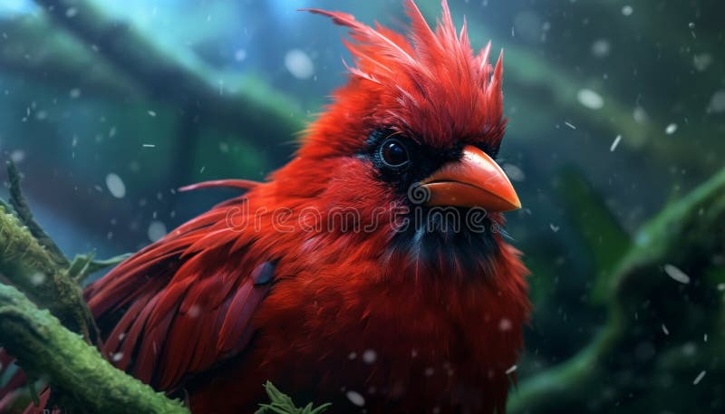 A Beautiful Cardinal Perching on a Snowy Branch, Looking at Camera ...