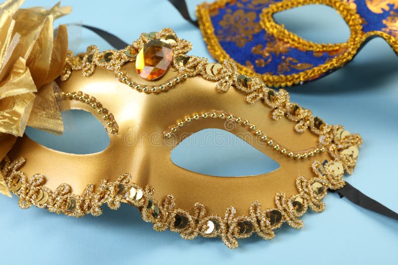 Beautiful Carnival Masks Light Blue Background Closeup Stock Photos ...
