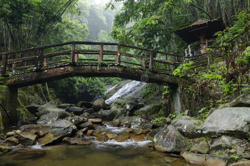 Beautiful Cascaded River Flowing through with Bridge and Waterfall ...