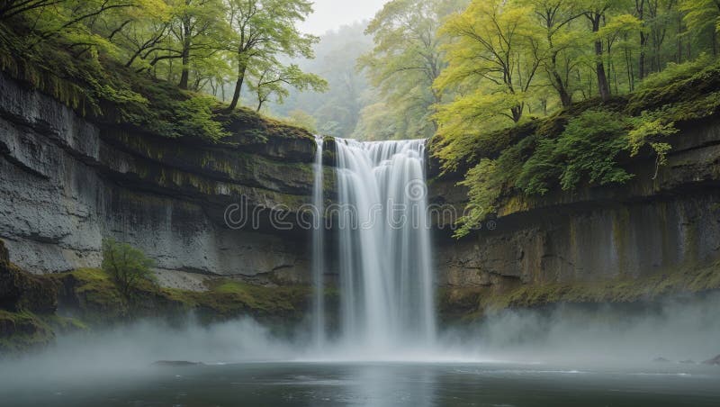 Beautiful Cascading Waterfall Flowing Over Rocky Cliffs Surrounded ...