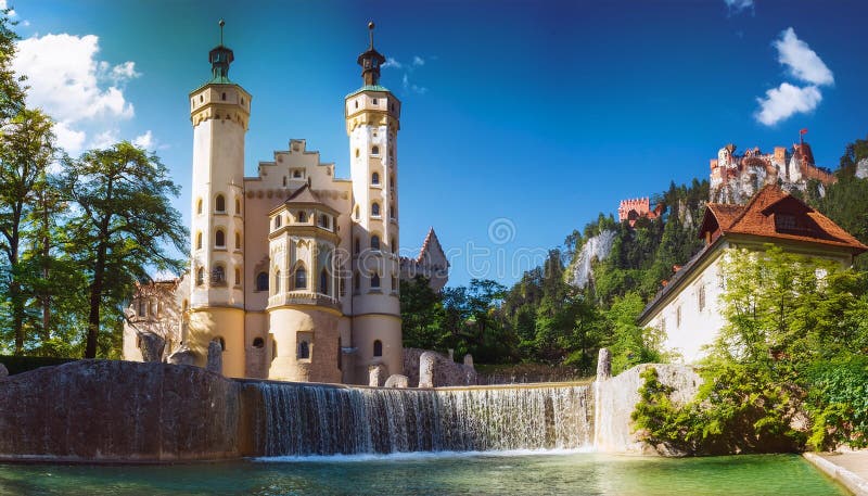 A Beautiful Castle with a Large Waterfall in Front of it Stock ...