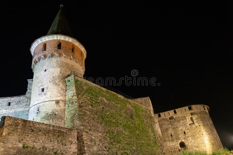Beautiful Castle Tower at Night. Natural Stone Texture Stock Image ...