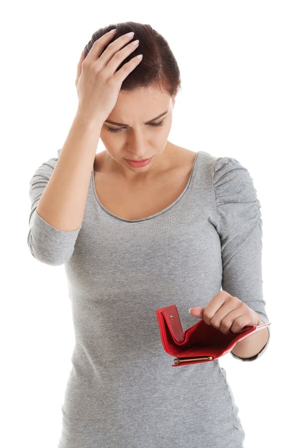 An Upset Sad and Unhappy Woman Looking into Empty Wallet Stock Image ...