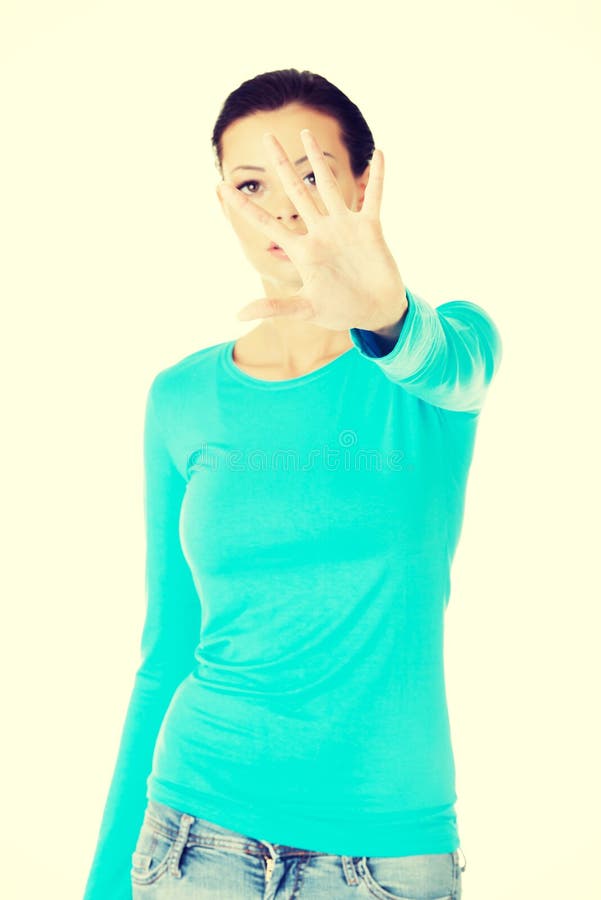 Beautiful Casual Woman with Her Hand in Front. Stock Photo - Image of ...