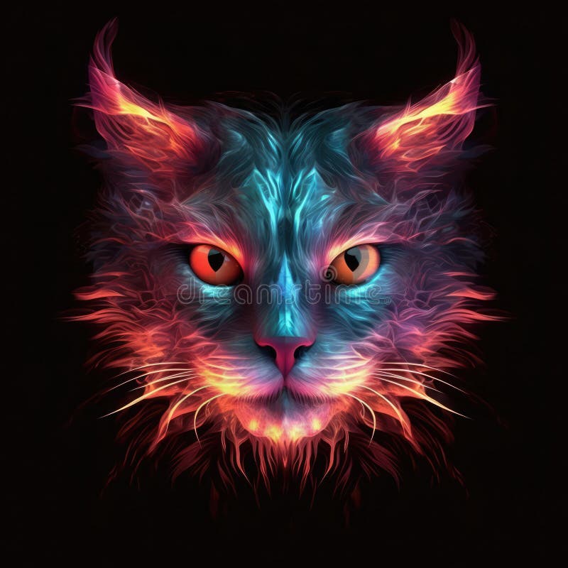 Beautiful Cat Face in Red Purple Fire on Black Background. Generative ...