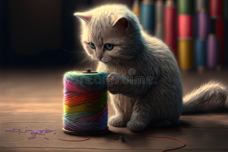 Cat Playing with a Spool of Thread Stock Illustration - Illustration of ...