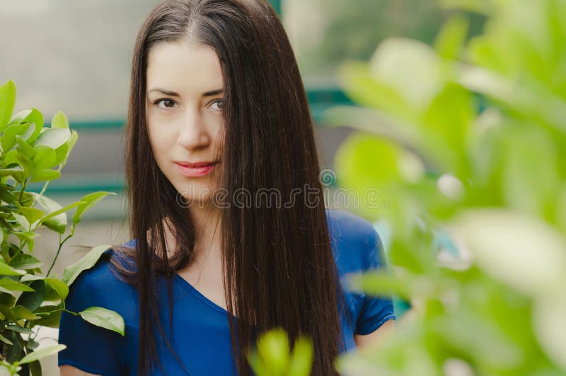Young Beautiful Caucasian Female With Long Dark Hair Stock Image