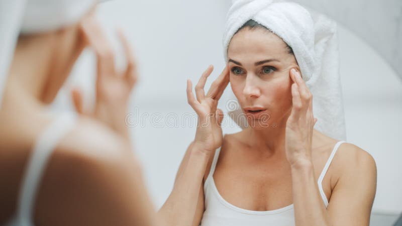 Beautiful Caucasian Woman Touches Her Perfect Face Enjoying Her Ideal