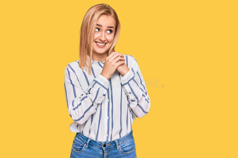 Beautiful Caucasian Woman Wearing Casual Clothes Laughing Nervous And