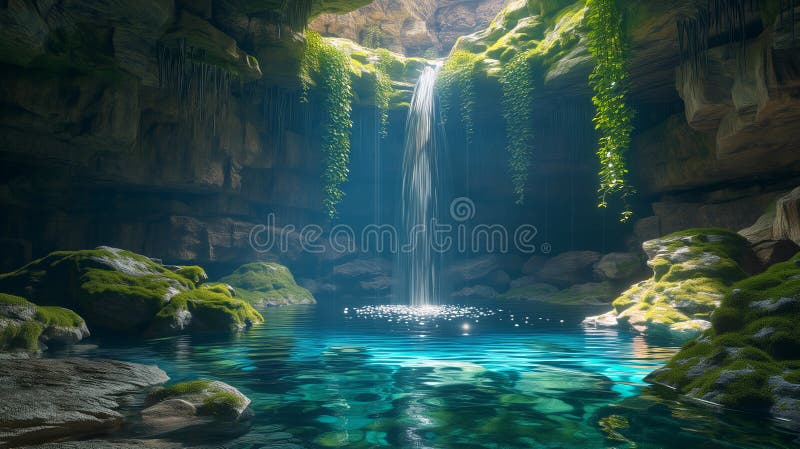 Beautiful Cave with Waterfall Stock Illustration - Illustration of ...