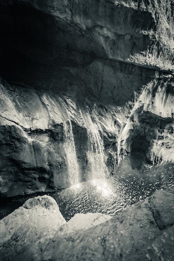Beautiful Cave Waterfalls in Black and White Stock Image - Image of ...