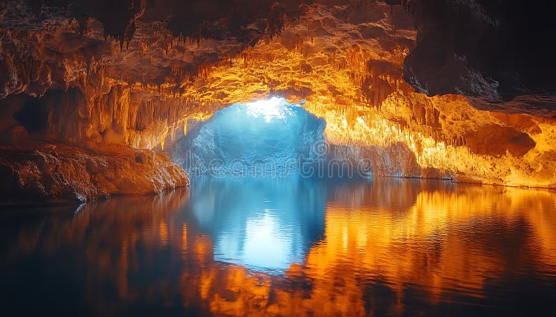 A Beautiful Cavern with Water and Glowing Light Shining through Stock Image - Image of landscape ...