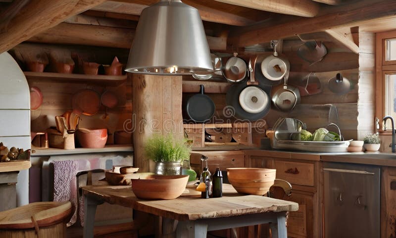 Charming Kitchen in a Mountain Chalet Stock Illustration - Illustration ...