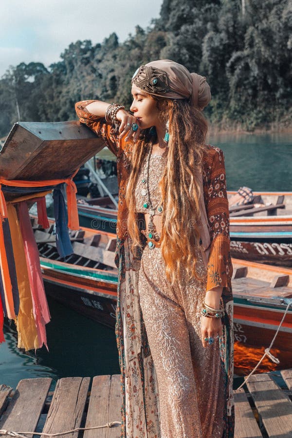 Beautiful Cheerful Boho Model at the Boat at Sunset Stock Image - Image ...