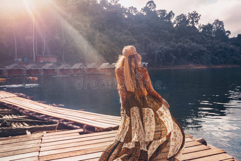 Beautiful Cheerful Boho Model Having Fun Outdoors at Sunset Stock Photo ...