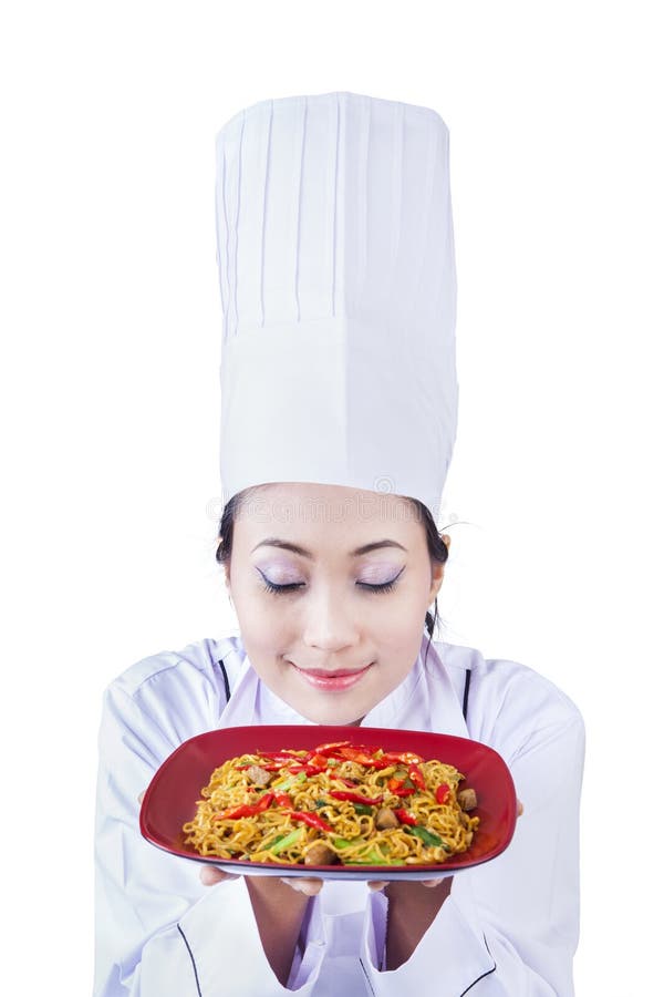 Beautiful Chef Serve Noodle on White Stock Photo - Image of fried ...