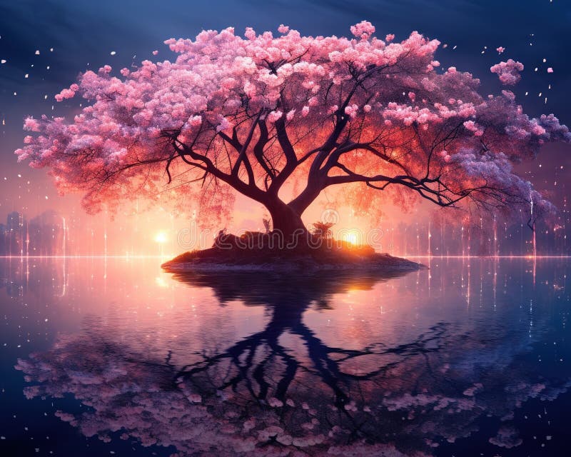 Beautiful Cherry Blossom Sakura Magic Tree on Water. Stock Illustration ...