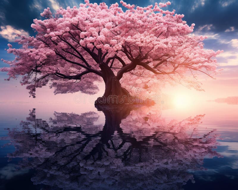 Beautiful Cherry Blossom Sakura Magic Tree on Water. Stock Illustration ...
