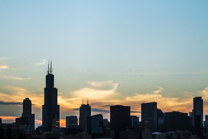 Beautiful Chicago Skyline at Sunset Stock Image - Image of america ...