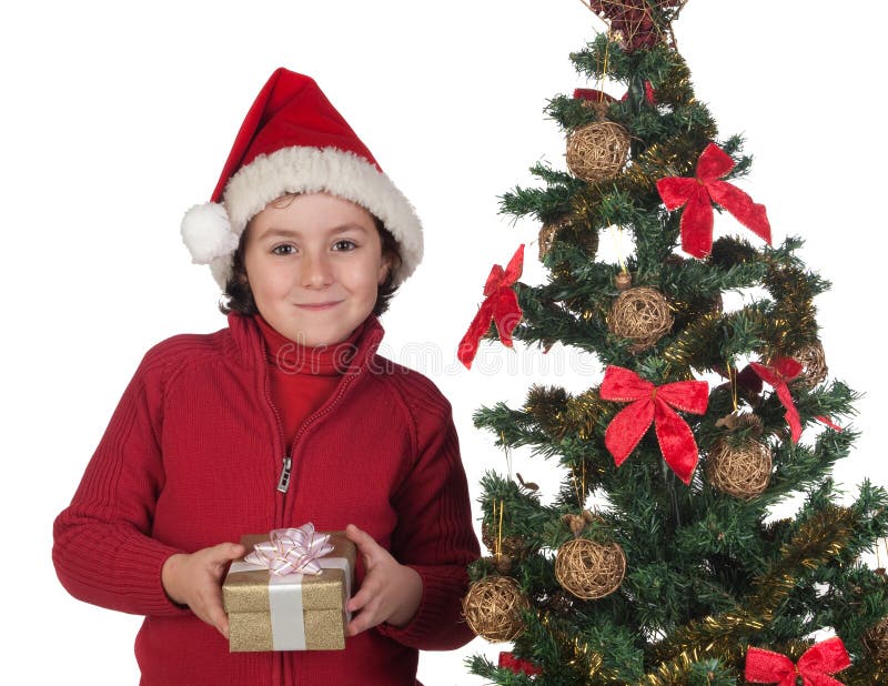 Beautiful Child with Christmas Trees and Gift Stock Image - Image of ...