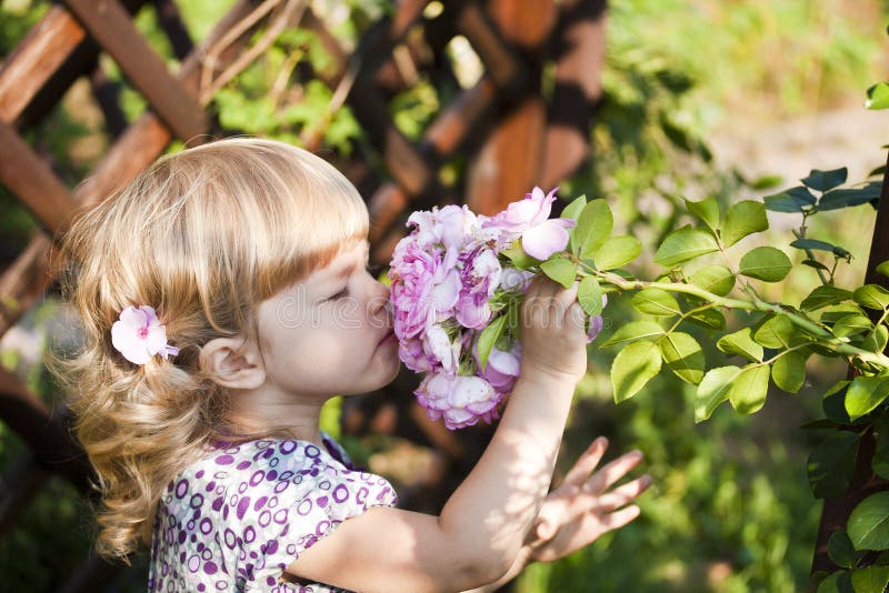 Beautiful Child Smelling Rose Stock Photo - Image of multicolored ...