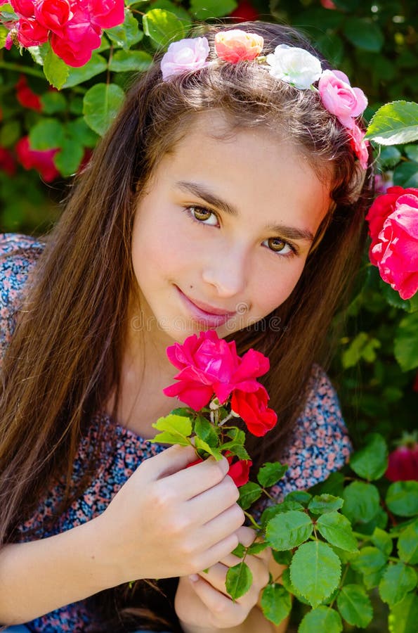 Beautiful Child Smelling Rose Against Spring Stock Image - Image of ...