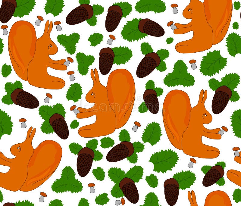 Beautiful Childish Vector Seamless Pattern with Forest Squirrels, Nuts and Mushrooms Stock ...