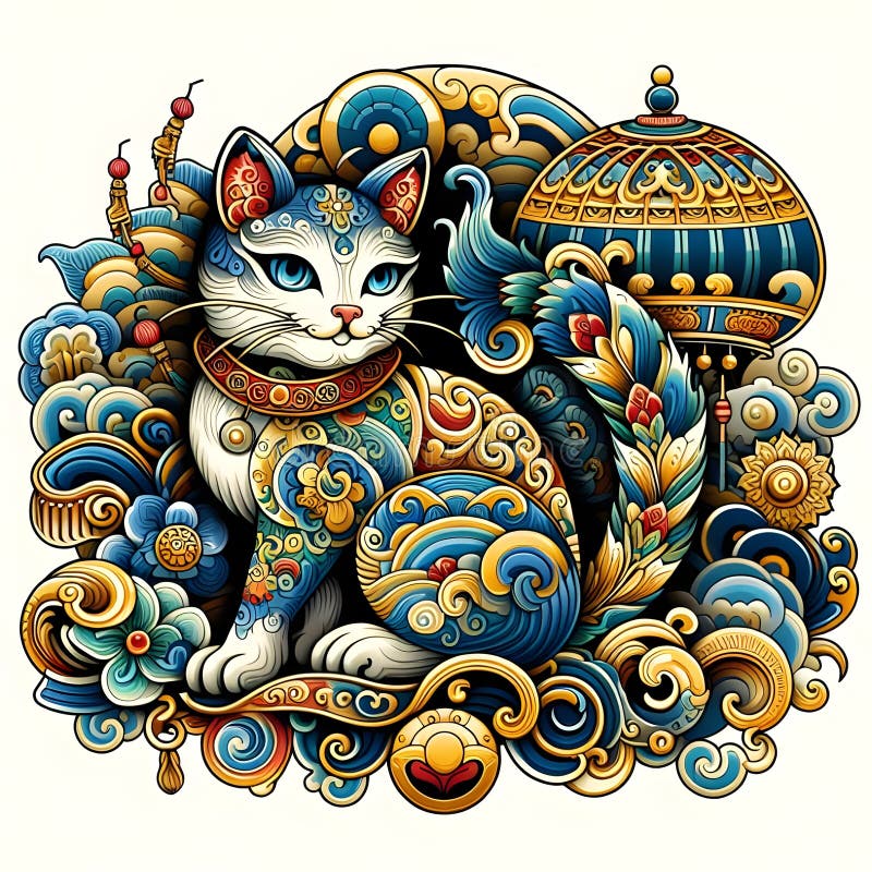 Beautiful Chinese Cat Artwork Stock Illustration - Illustration of ...