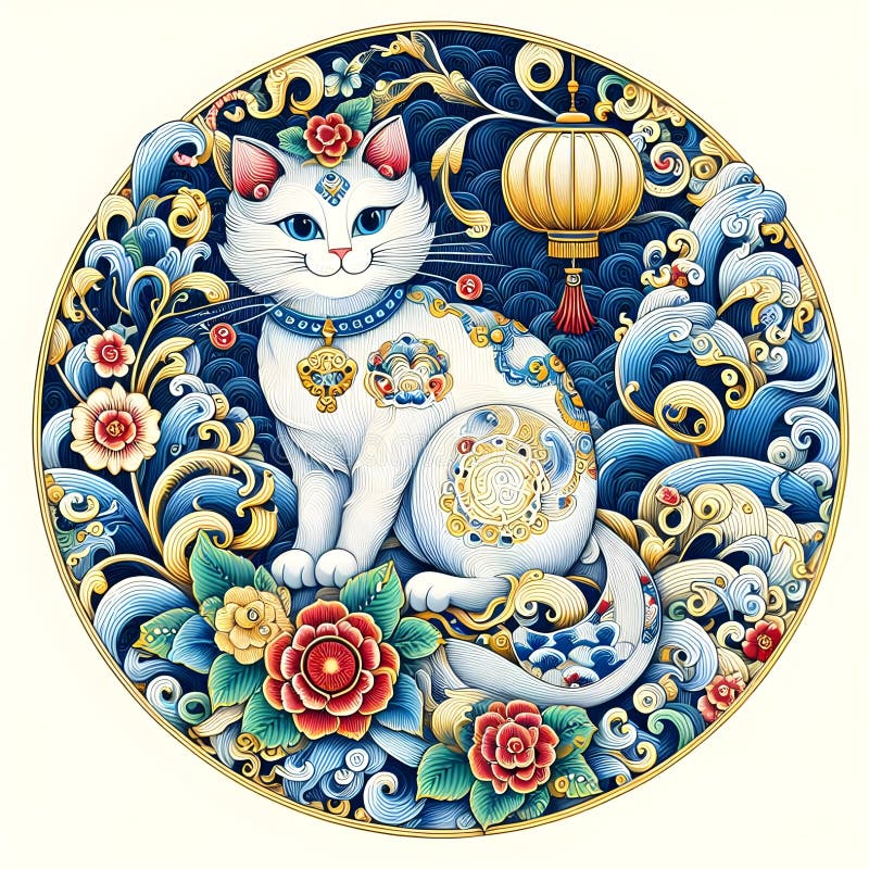 Beautiful Chinese Cat Artwork Stock Illustration - Illustration of ...
