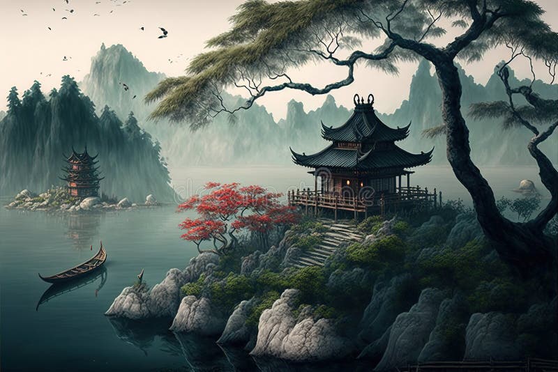 Beautiful Chinese Nature Environment Stock Illustration - Illustration ...